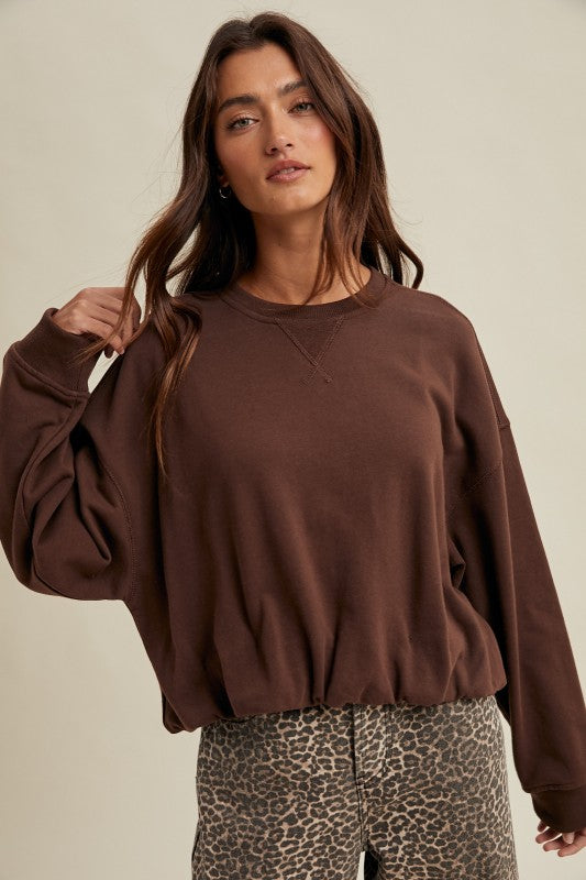Women's Chocolate Brown Bubble Hem Terry Knit Pullover Top – Purple ...