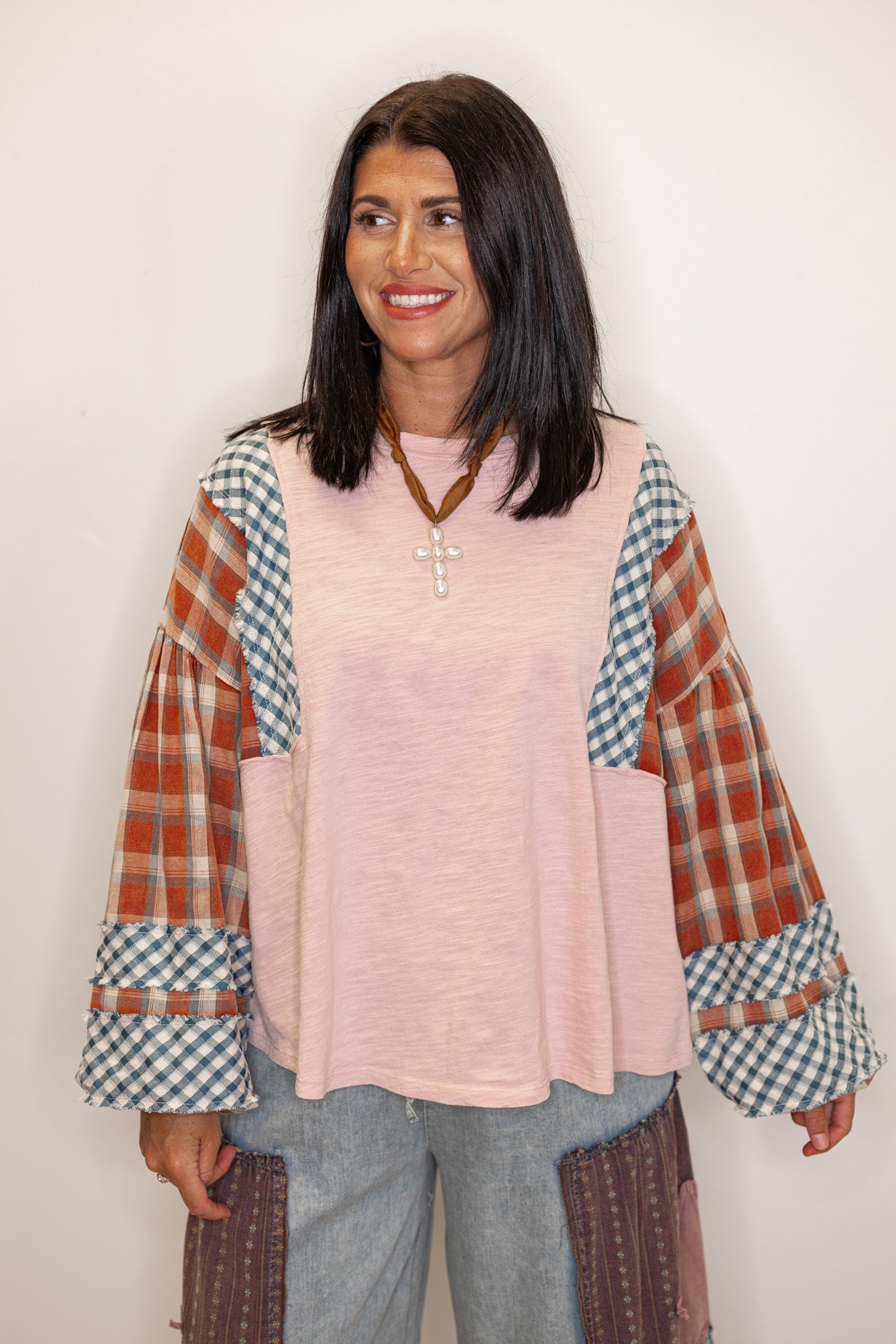 Pink And Plaid Colorblock Top | Fast Shipping From GA – Purple Door ...