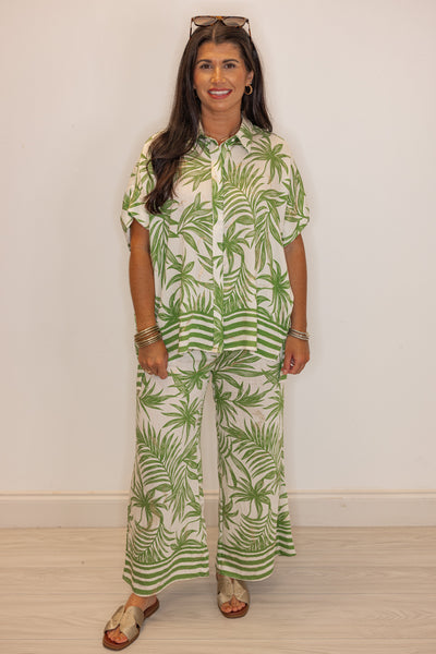 Cream Palm Tree Print Pants | Purple Door Boutique | Commerce GA